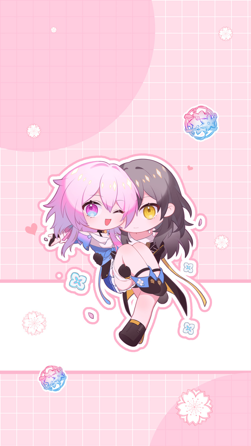 Safebooru - 2girls absurdres blue skirt boots carrying chibi chibi only ...