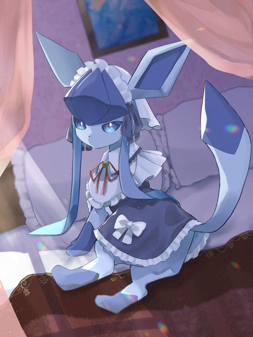 Safebooru - bed blue eyes blue fur clothed pokemon glaceon glaceon (tea party) highres indoors ...