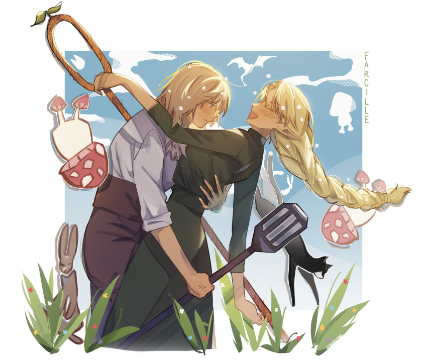 Safebooru - 2girls ^ ^ ambrosia (dungeon meshi) black pants blonde hair blue sky border braid ...