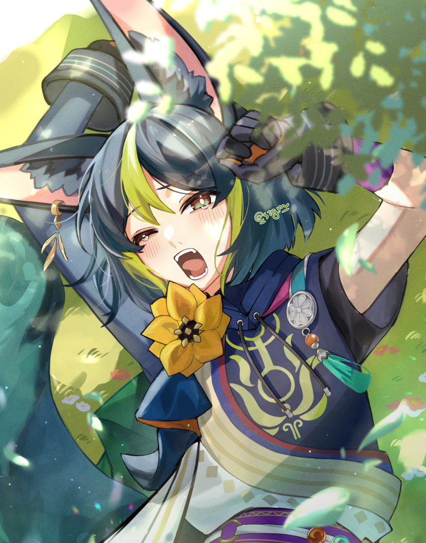 Safebooru - 1boy animal ear fluff animal ears arms up asymmetrical sleeves black capelet black ...