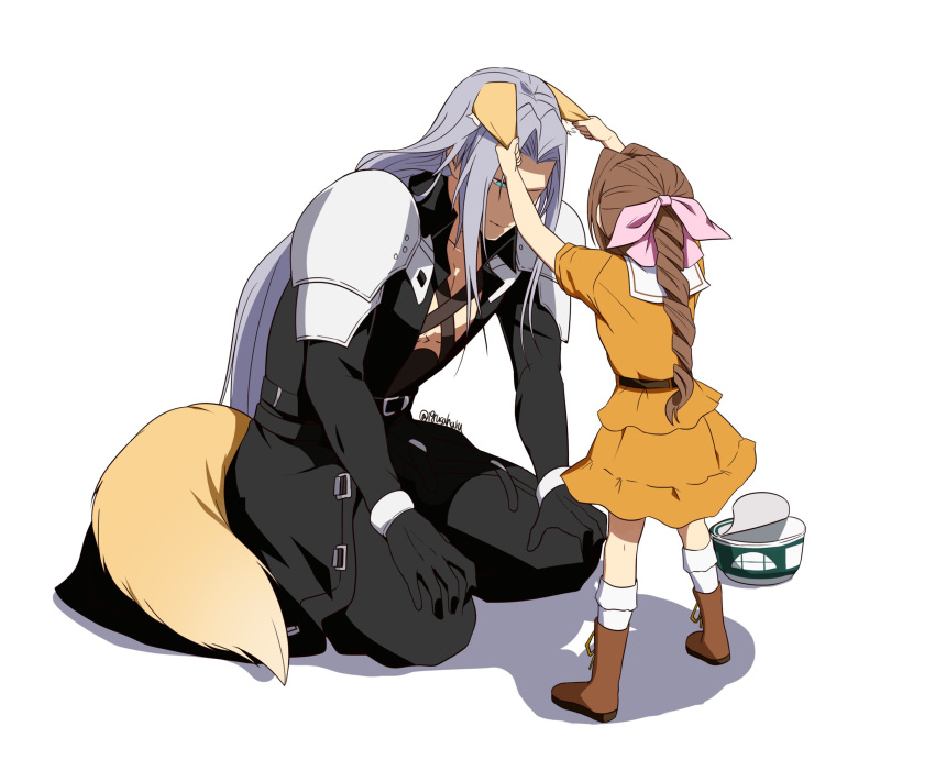 Safebooru - 1boy 1girl aerith gainsborough aged down animal ears armor belt black belt black ...