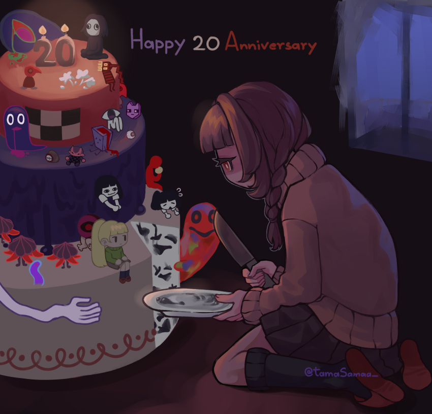 Safebooru - 4girls absurdres birthday cake blunt bangs braid brown hair cake candle food frog ...