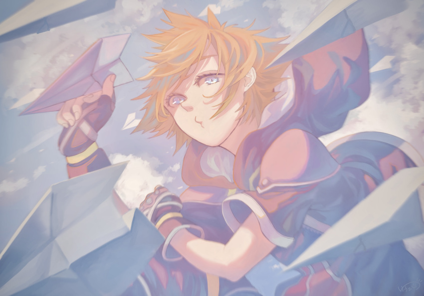 Safebooru - 1boy black gloves blue eyes blue sky brown hair closed mouth clouds cloudy sky ...