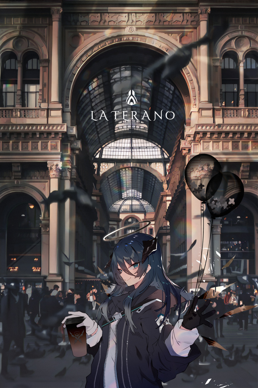 Safebooru - 1girl absurdres arknights asymmetrical gloves balloon black gloves black jacket blue ...