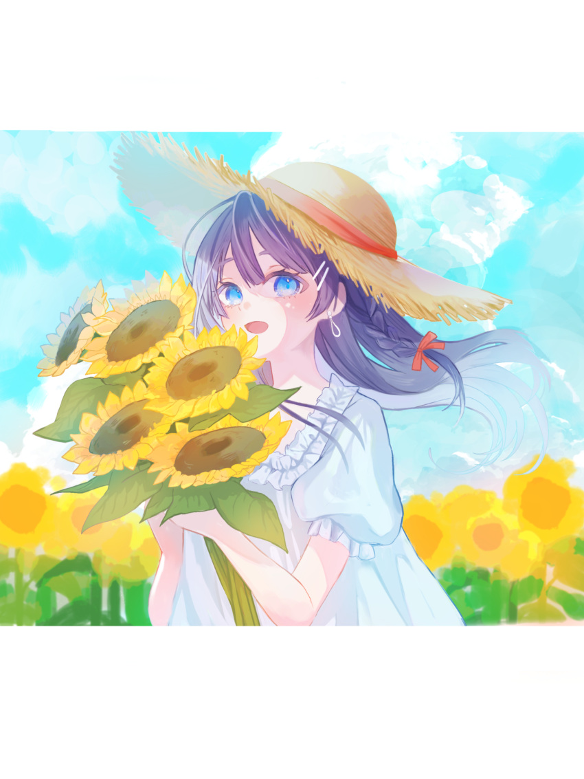 Safebooru - 1girl :d absurdres black hair blue eyes blue sky braid clouds day dress earrings ...