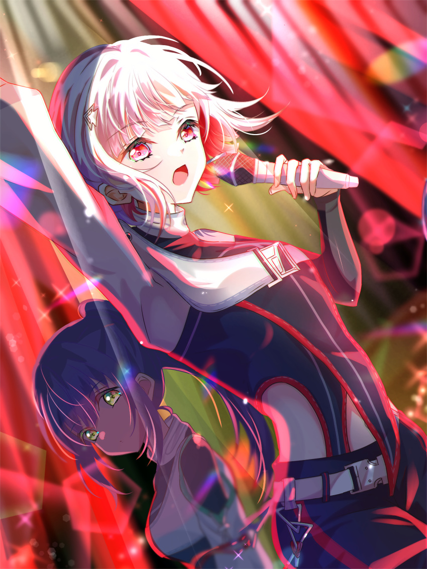 Safebooru - 2girls absurdres arm up belt black pants black shirt black sleeves blurry blurry ...