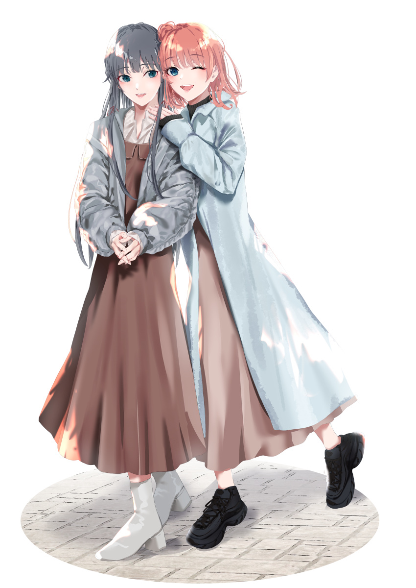 Safebooru - 2girls absurdres black footwear black hair blue jacket boots brown dress dress full ...