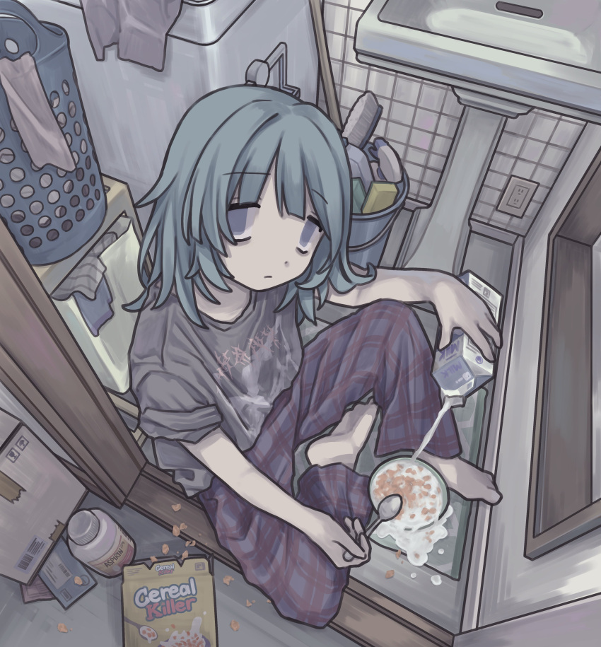 Safebooru - 1girl absurdres barefoot bathroom bowl cereal cereal box ...