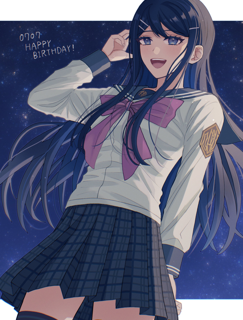 Safebooru - 1girl :d absurdres arm at side black hair blue eyes bow bowtie cowboy shot ...