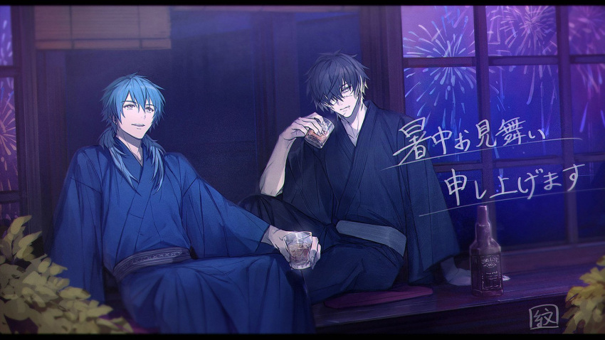 Safebooru - 2boys alcohol black hair black kimono blue hair blue kimono ...