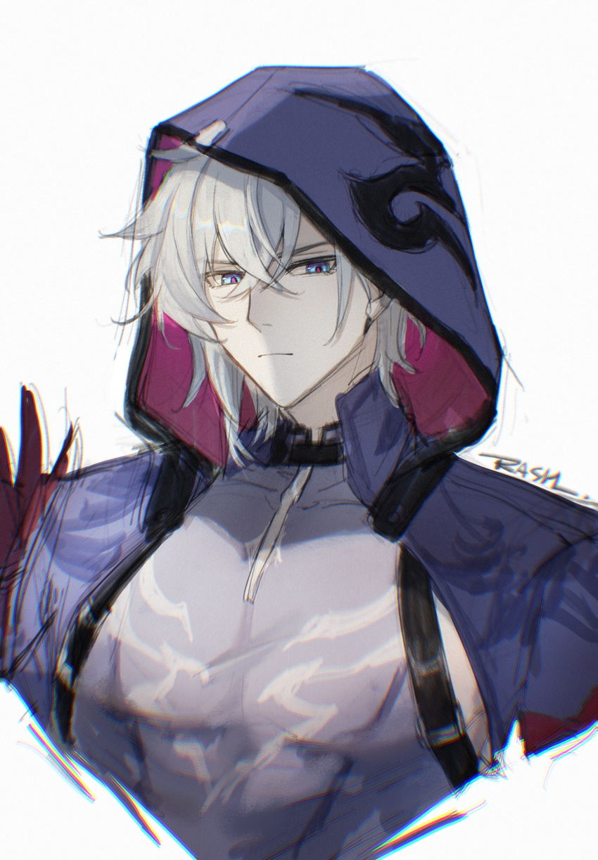 Safebooru - 1boy abs artist name blue eyes capelet closed mouth covered ...