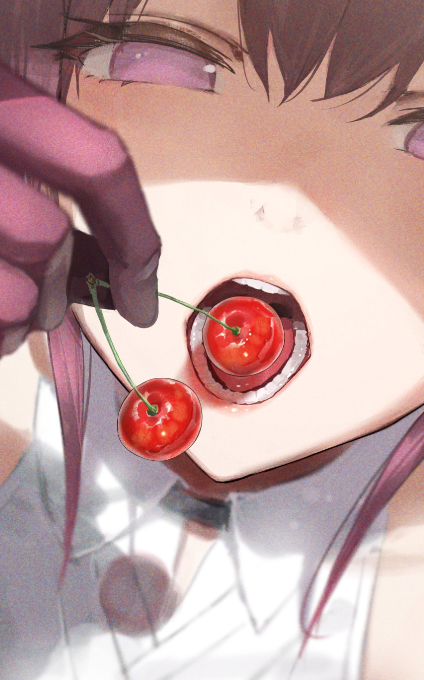 Safebooru - 1girl absurdres cherry close-up collared shirt eating film grain food from above ...