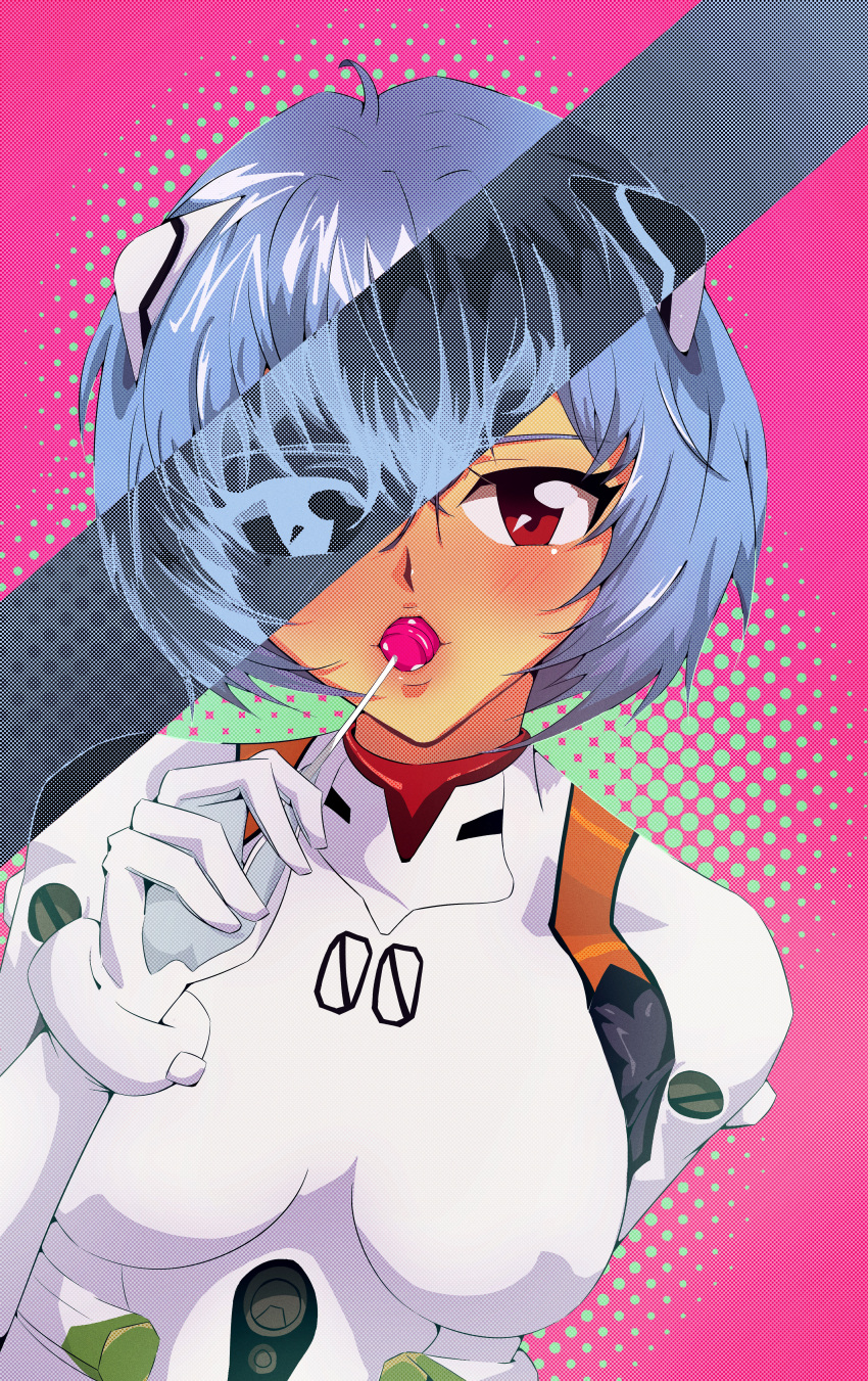 Safebooru - 1girl absurdres ayanami rei blue hair blush bodysuit breasts candy food highres ...