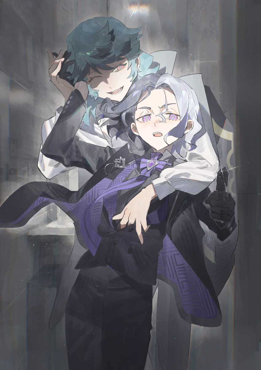 Safebooru - 2boys ;d absurdres amethio (pokemon) arm up black gloves ...