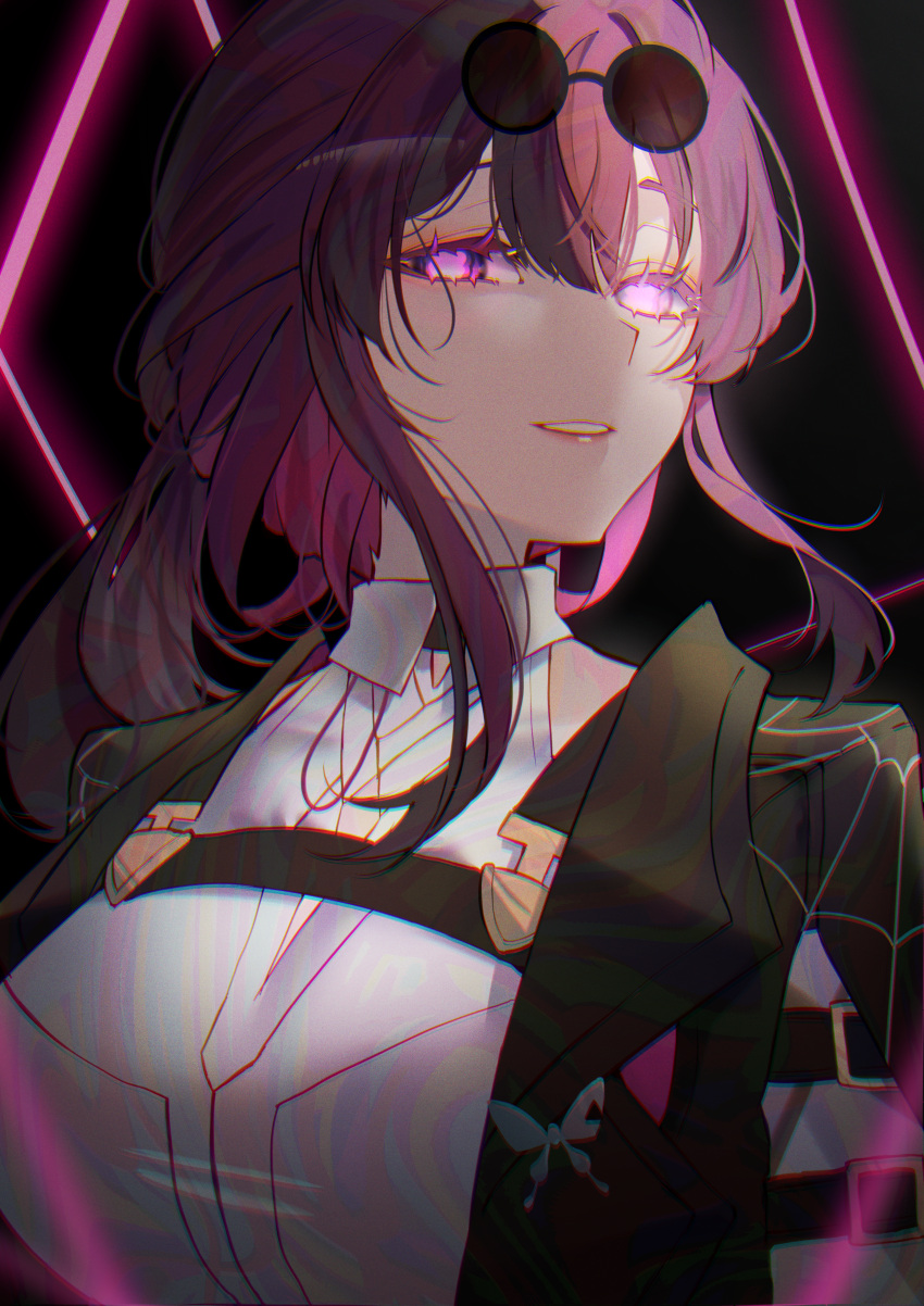 Safebooru - 1girl absurdres arm belt belt black background black belt black jacket breasts ...