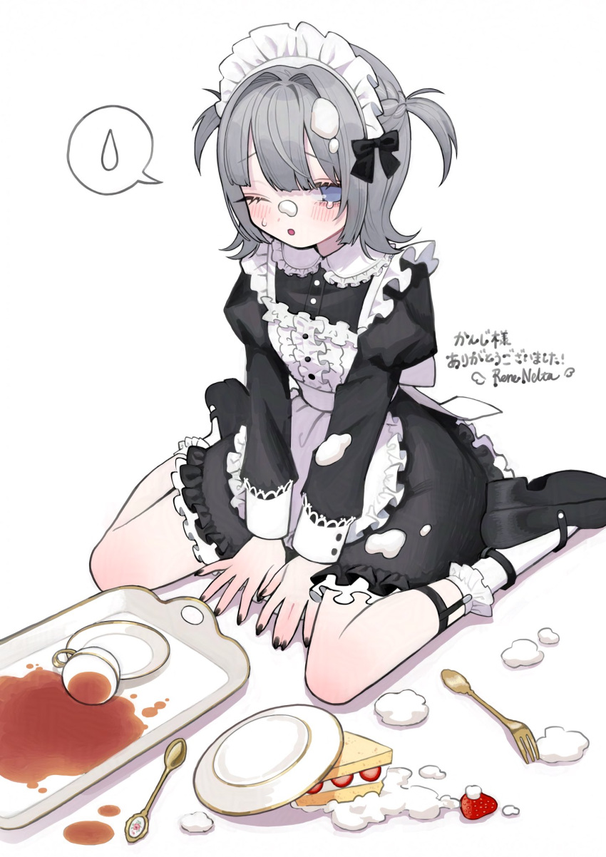 Safebooru - 1girl apron black nails blue eyes clumsy female food fork grey hair kneeling looking ...