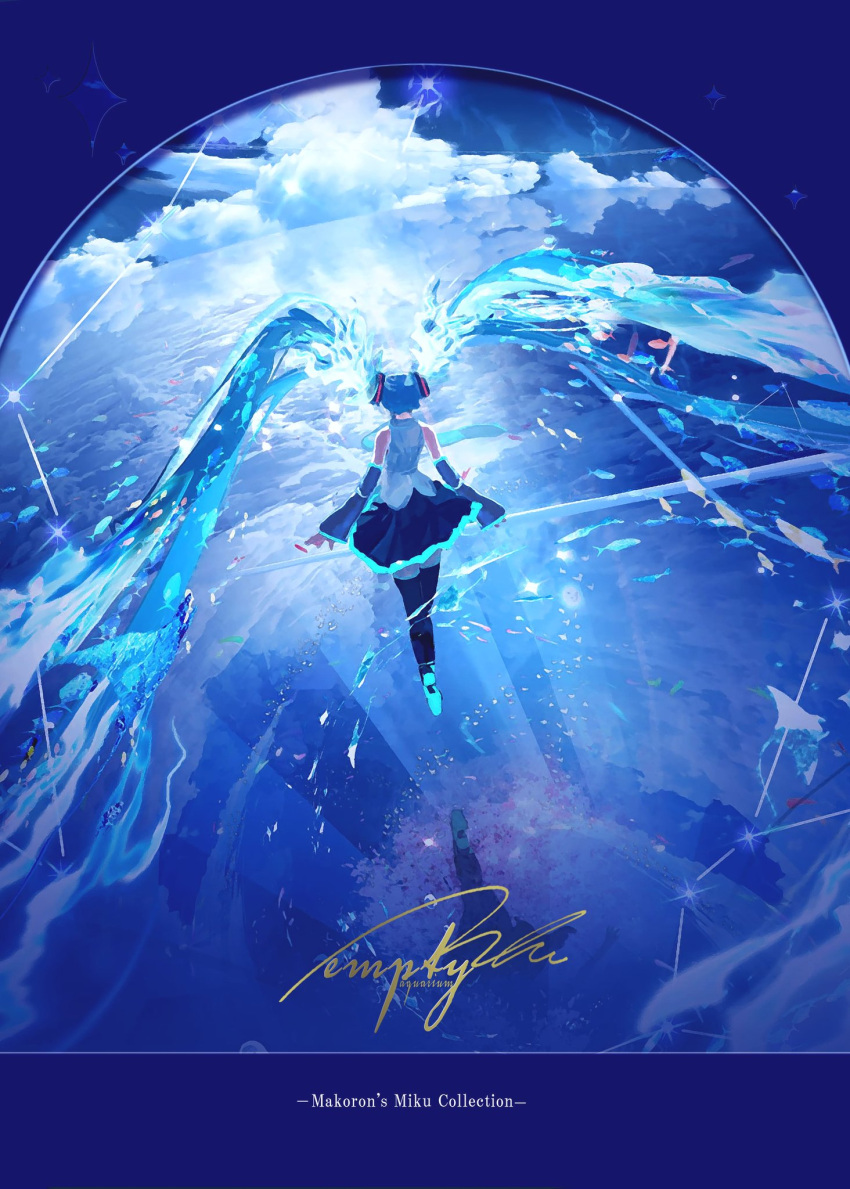 Safebooru - 1girl black thighhighs blue hair blue skirt blue sky blue sleeves clouds detached ...