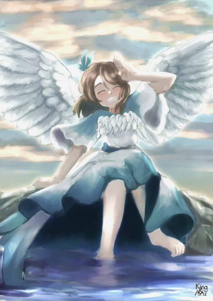 Safebooru - absurdres arm up blue eyes blush brown hair clouds dress feathers feet highres ...