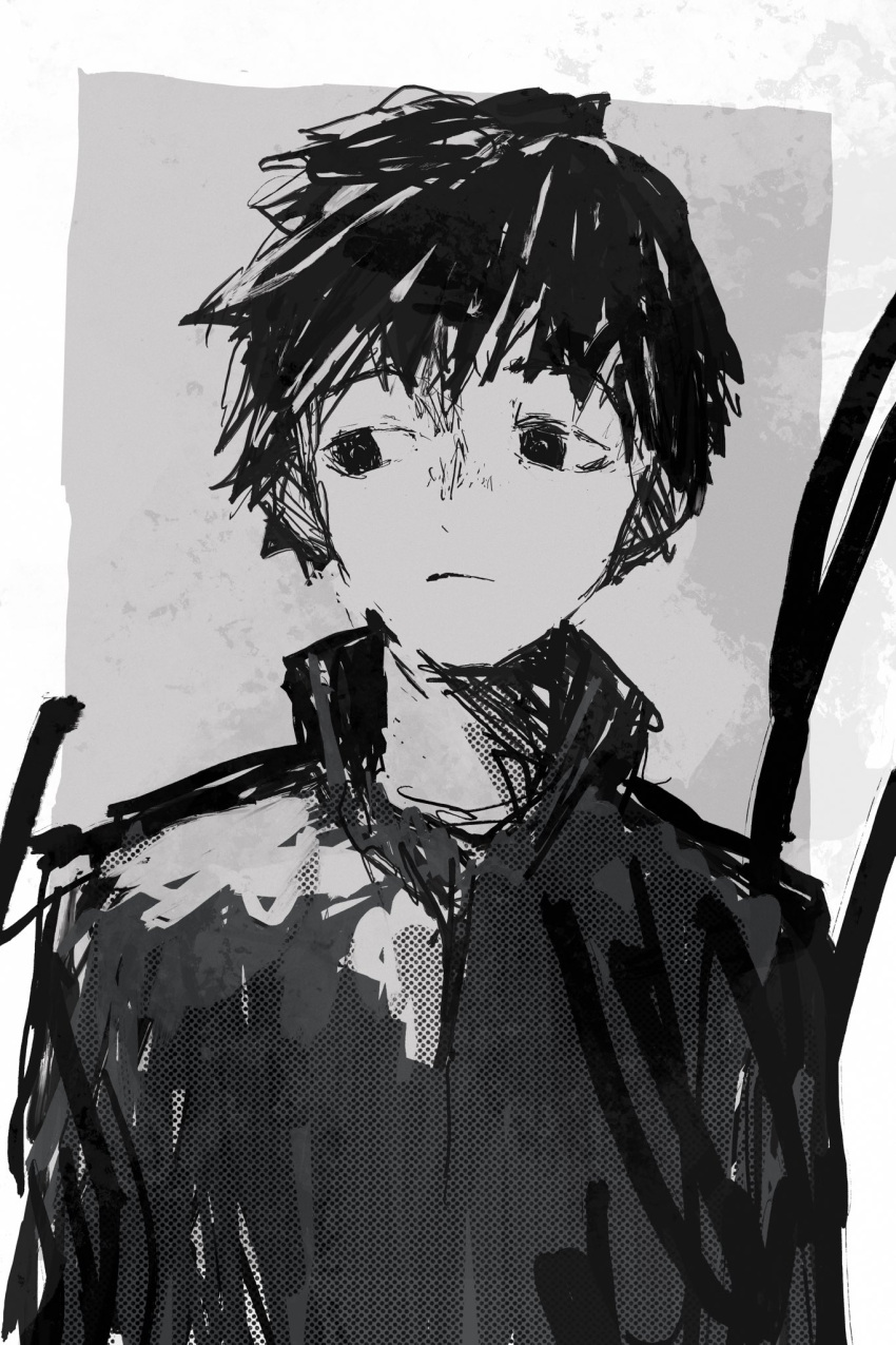 Safebooru - 1boy black eyes black hair black shirt closed mouth depressed expressionless grey ...