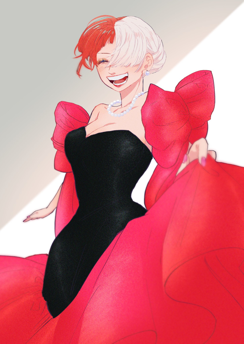 Safebooru - 1girl ^ ^ black dress closed eyes commentary cowboy shot dress earrings hair bun ...