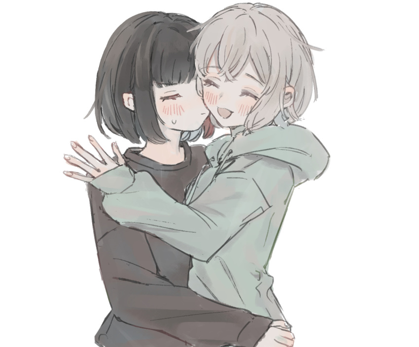 Safebooru - 2girls aoba moca bang dream! black hair bob cut closed eyes grey hair hood hoodie ...