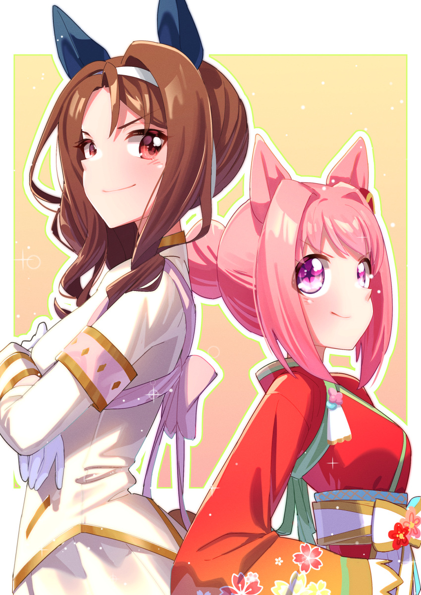 Safebooru - 2girls absurdres animal ears brown hair ear covers freely2327 gloves haru urara ...