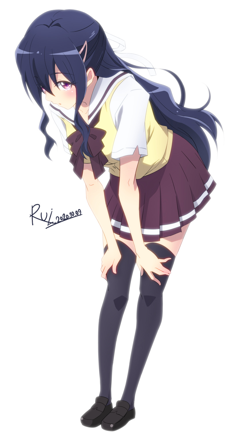 Safebooru - 1girl 2020 absurdres artist name black hair black thighhighs blush bow brown bow ...