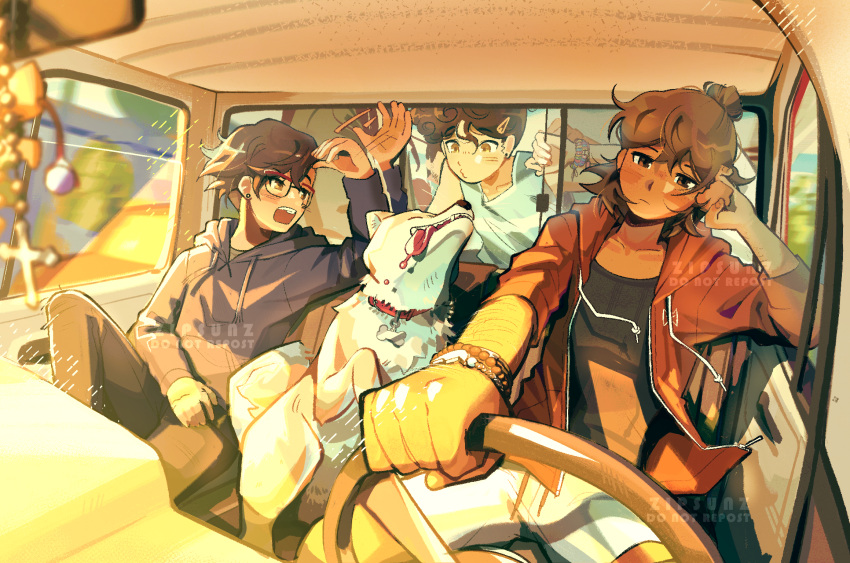 Safebooru - 2girls 3boys :3 angel (omori) black hair black pants blue ...