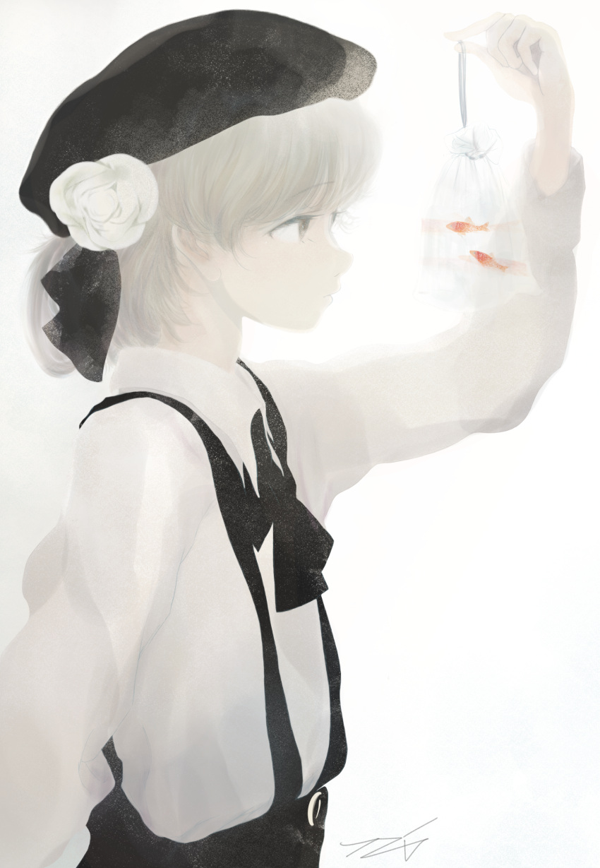 Safebooru - 1girl absurdres bag bagged fish beret black hat black ribbon black skirt fish flower ...