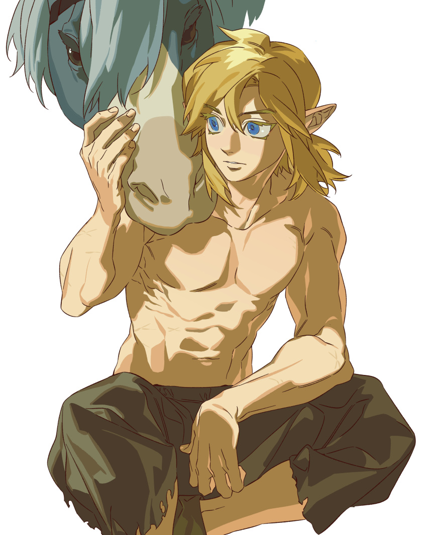 Safebooru - 1boy absurdres arm rest bare pectorals blonde hair blue eyes brown pants cheek-to ...