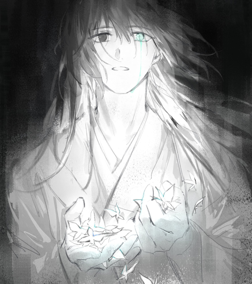Safebooru - 1boy aqua eyes bug butterfly coat crying greyscale hands up ...