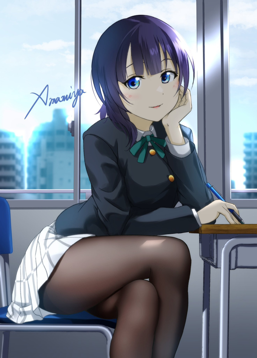 Safebooru - 1girl amamiya (re-amamiya) artist name asaka karin black jacket black pantyhose blue ...