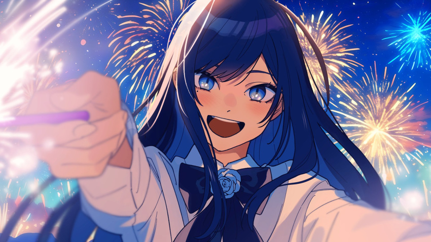 Safebooru - 1girl ado (utaite) aerial fireworks black bow black bowtie ...