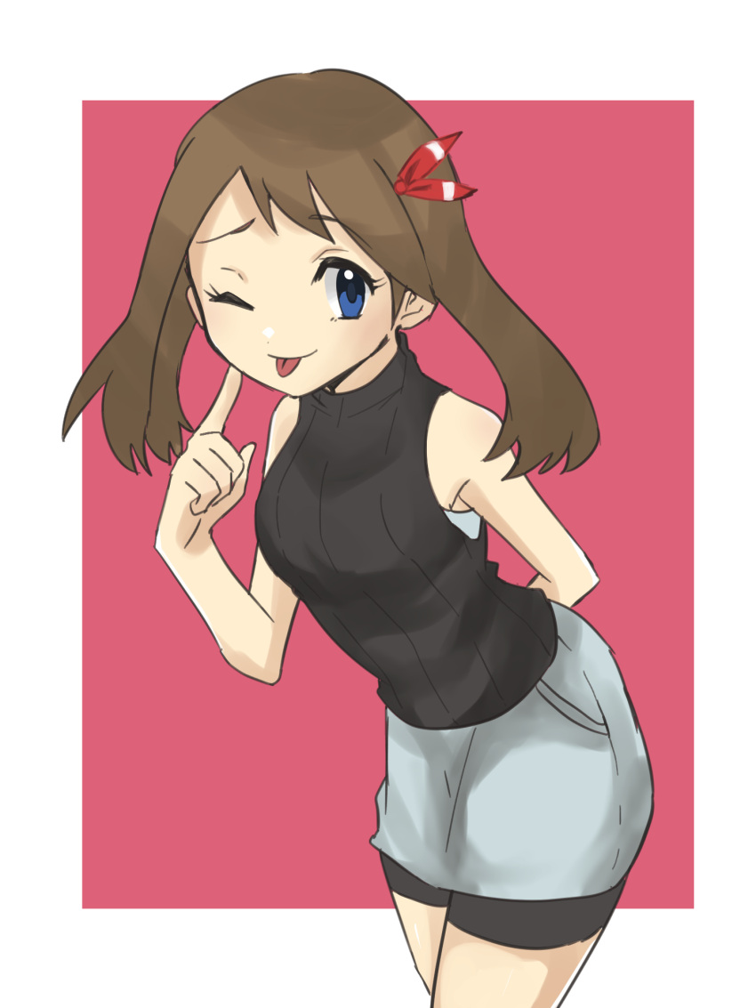 Safebooru - 1girl ;p alternate costume arm behind back bare shoulders black shirt black shorts ...