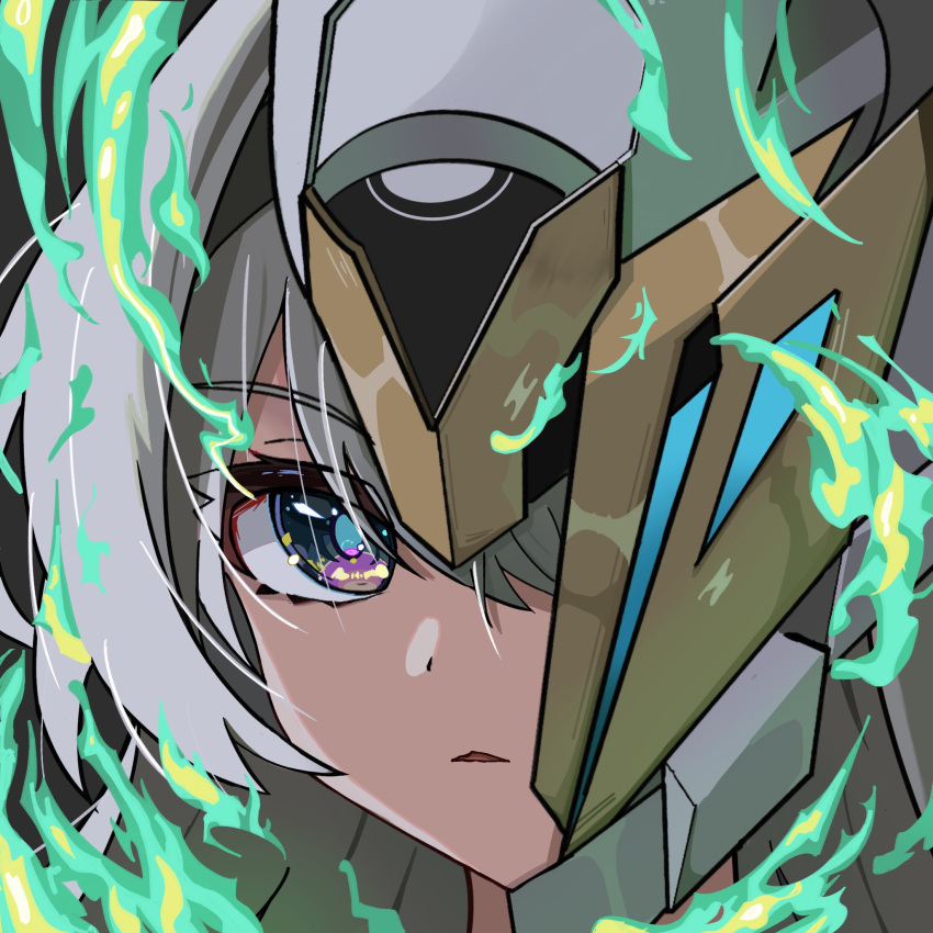 Safebooru - 1girl close-up fire firefly (honkai: star rail) green fire grey hair highres honkai ...