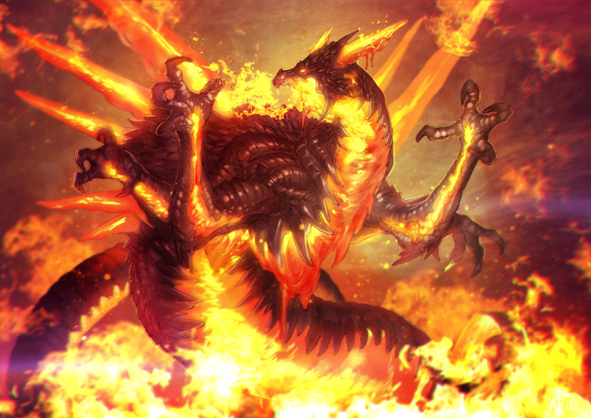Safebooru - akie (akidoygo) animal focus breath weapon breathing fire claws dragon extra arms ...