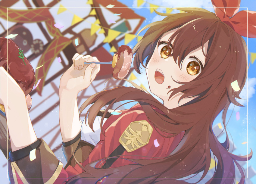 Safebooru - 1girl amber (genshin impact) blush bow brown hair confetti day dutch angle eating ...