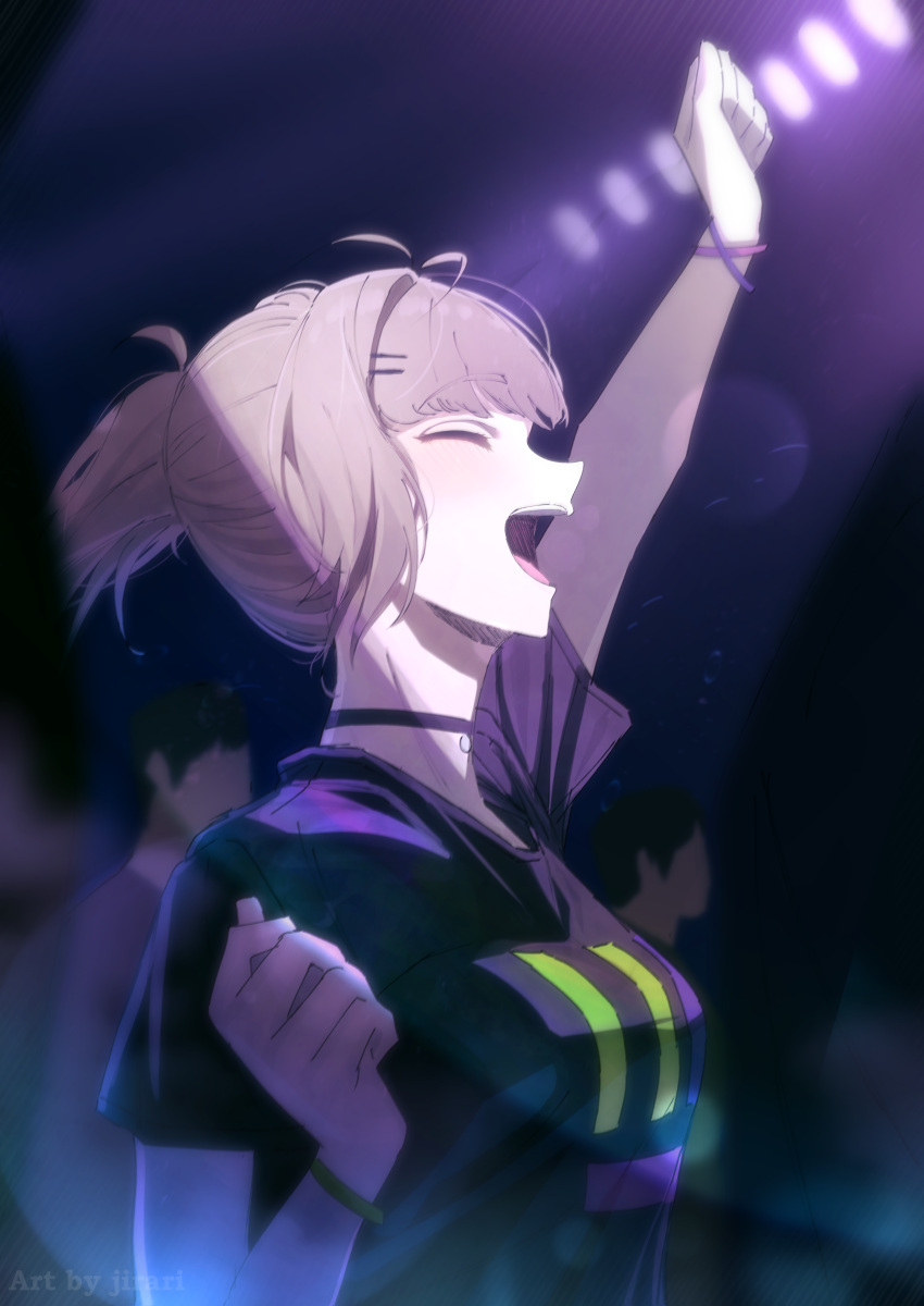 Safebooru - 1girl absurdres arm up artist name black choker black t-shirt blush breasts brown ...