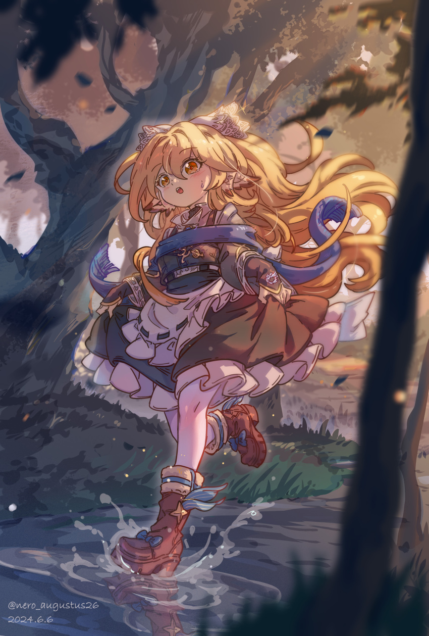 Safebooru - 1girl :o absurdres apron blonde hair blue bow blue scarf boots bow brown footwear ...