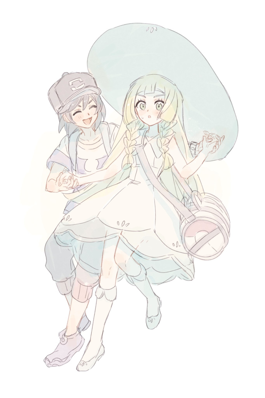 Safebooru - 1boy 1girl ^ ^ backpack bag baseball cap black hair blonde hair blush braid capri ...