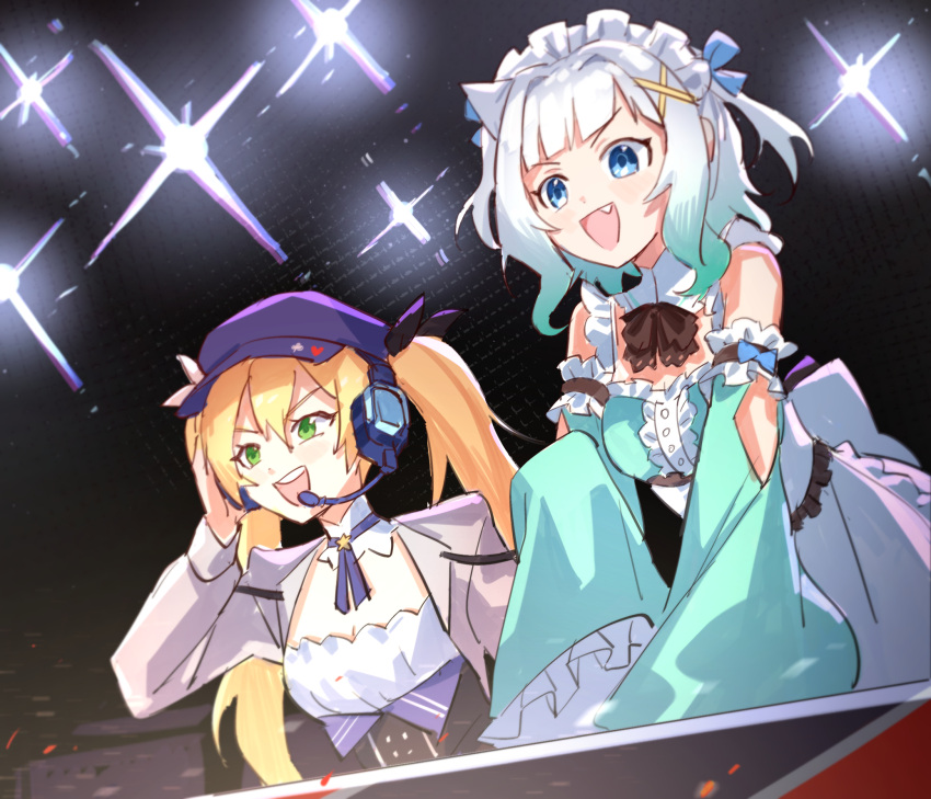 Safebooru - apron aqua dress blonde hair cowboy shot detached sleeves ...