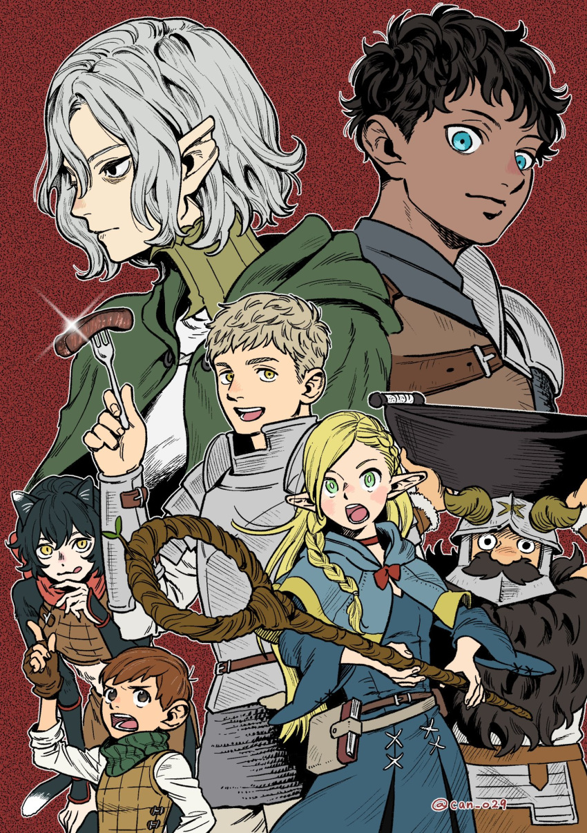 Safebooru - 2girls 5boys ambrosia (dungeon meshi) animal ears armor bags under eyes beard black ...