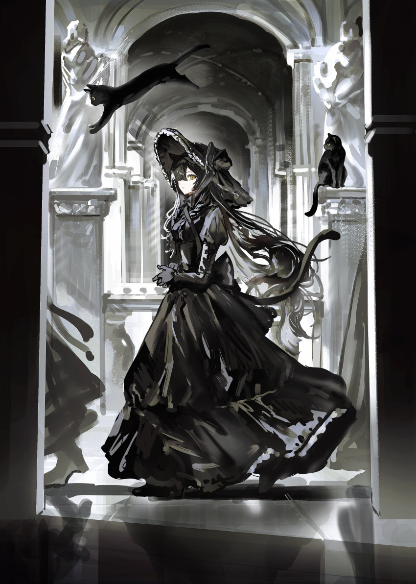 Safebooru - 1girl absurdres arch black bow black bowtie black cat black dress black hair black ...