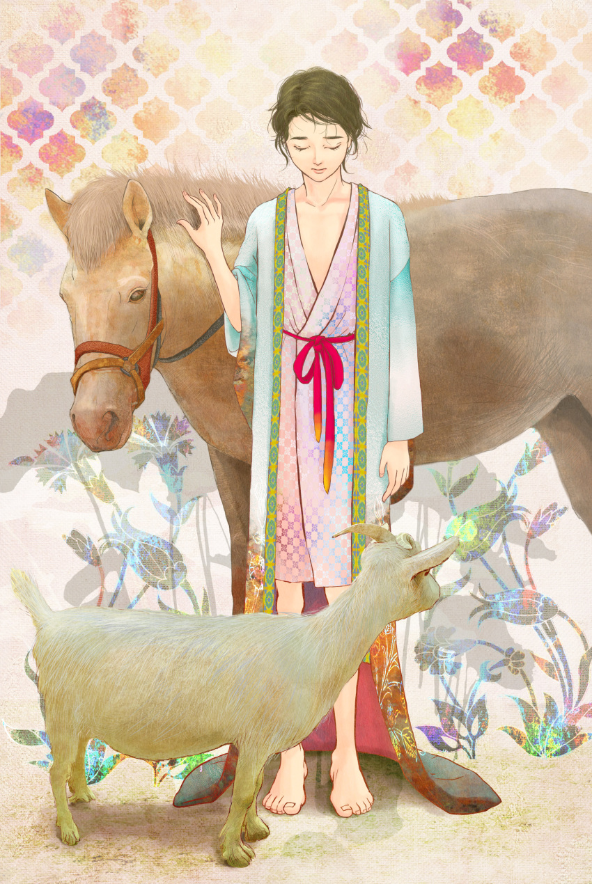 Safebooru - 1boy absurdres androgynous animal barefoot brown hair ...