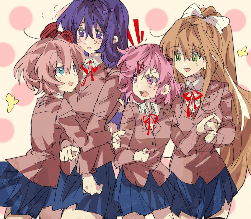 Safebooru - 4girls blue eyes blue skirt boob0o8 bow brown hair doki ...