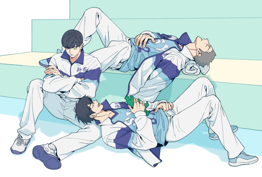 Safebooru - 3boys alal alone black hair bowl cut crossed arms full body garbage time heo ...
