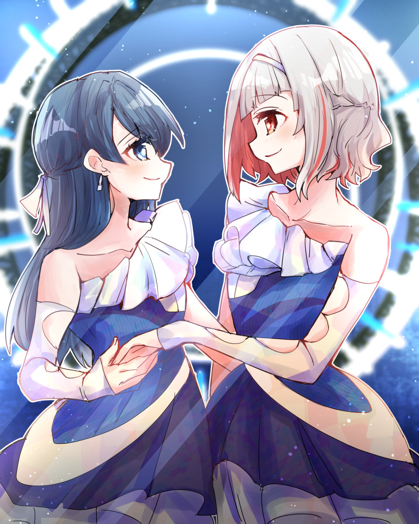 Safebooru - 2girls blue dress blurry blurry background bob cut closed mouth collarbone colored ...