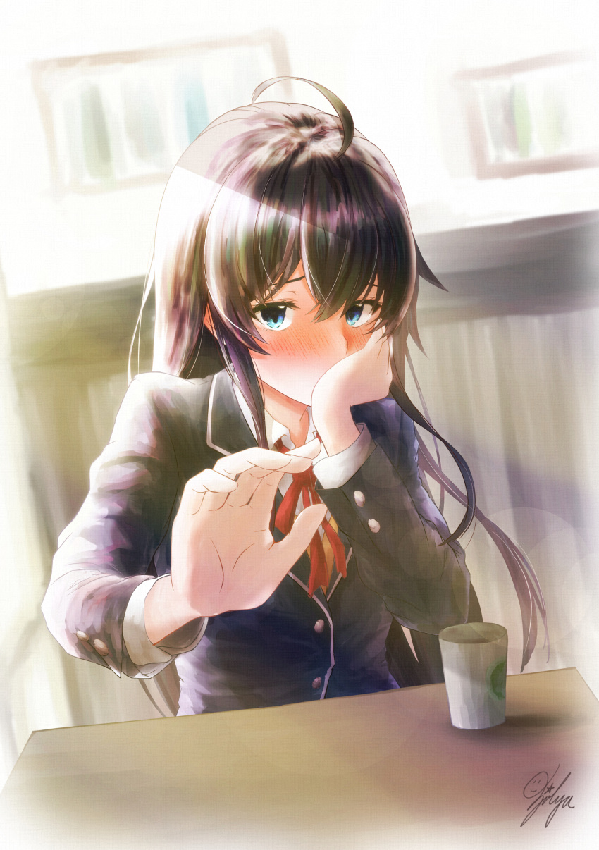 Safebooru - 1girl absurdres ahoge black hair blazer blue eyes blush covering own mouth cup ...