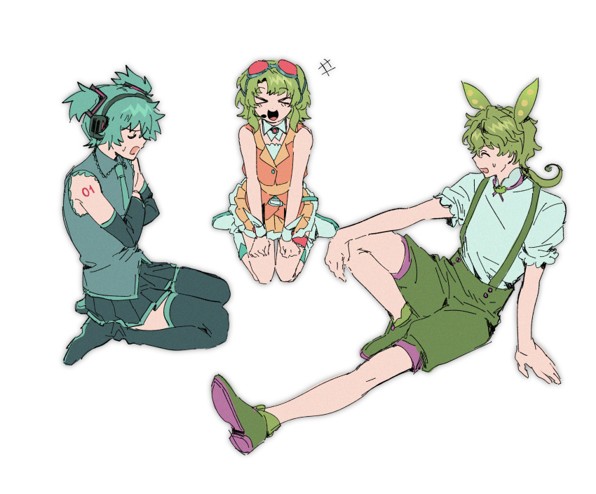 Safebooru - 1girl 2boys aqua hair aqua necktie black skirt closed eyes ...