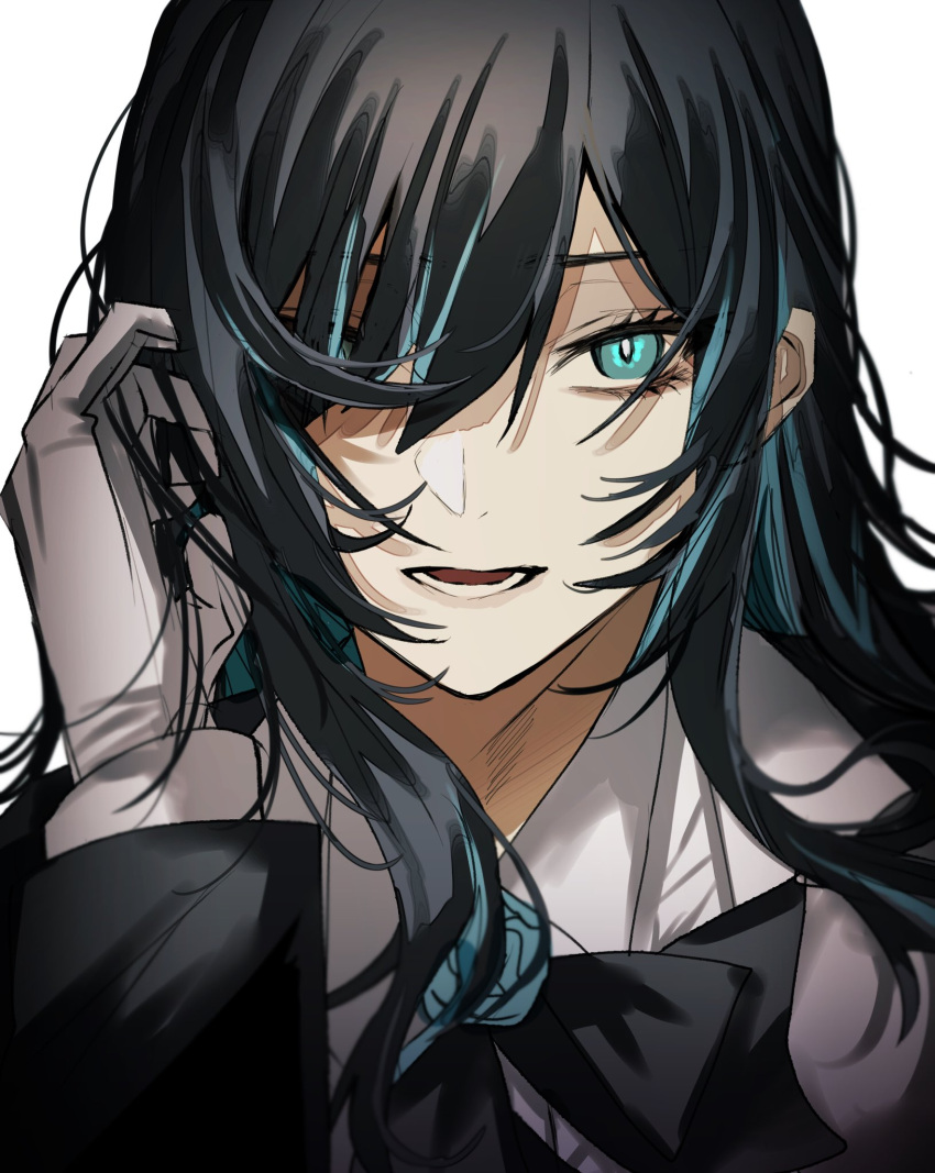 Safebooru - 1girl ado (utaite) black bow black bowtie black hair blue eyes blue flower blue hair ...